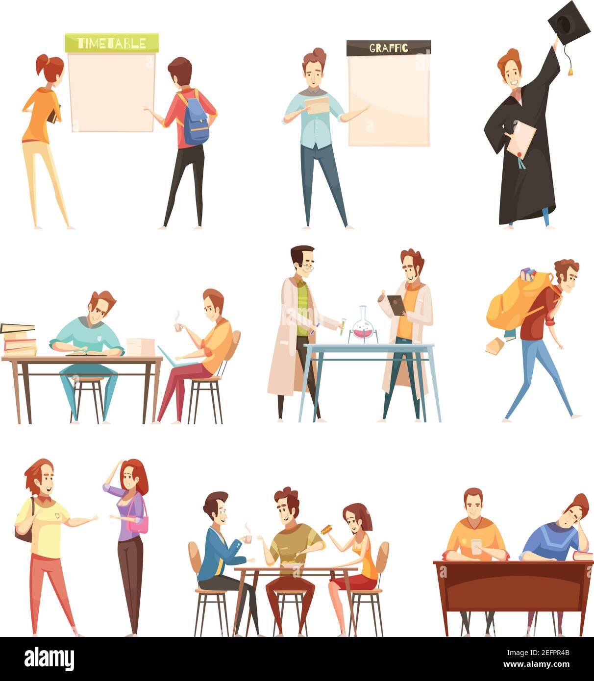 Set of students near timetable, during laboratory work, eating, with ...