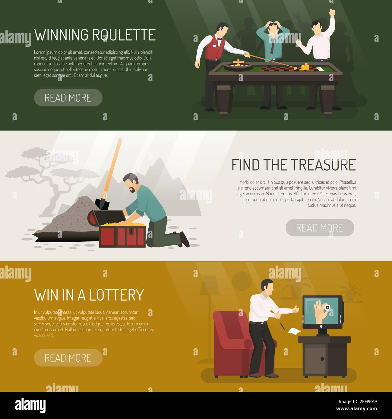 Gambling horizontal banners set with lottery and roulette symbols flat ...