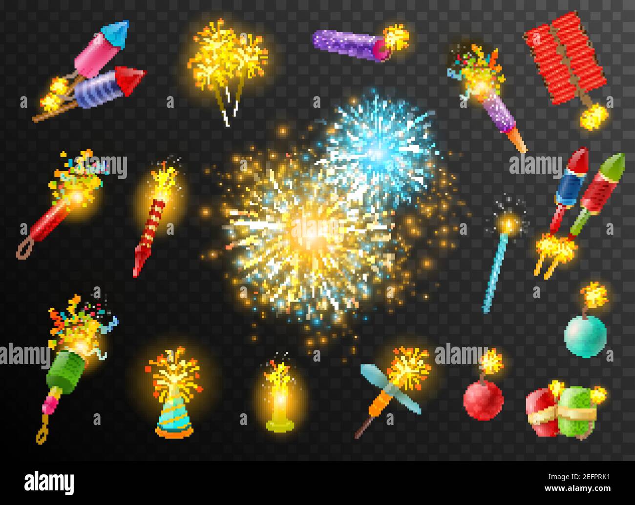 Festive pyrotechnic effects on dark background poster with bengal ...