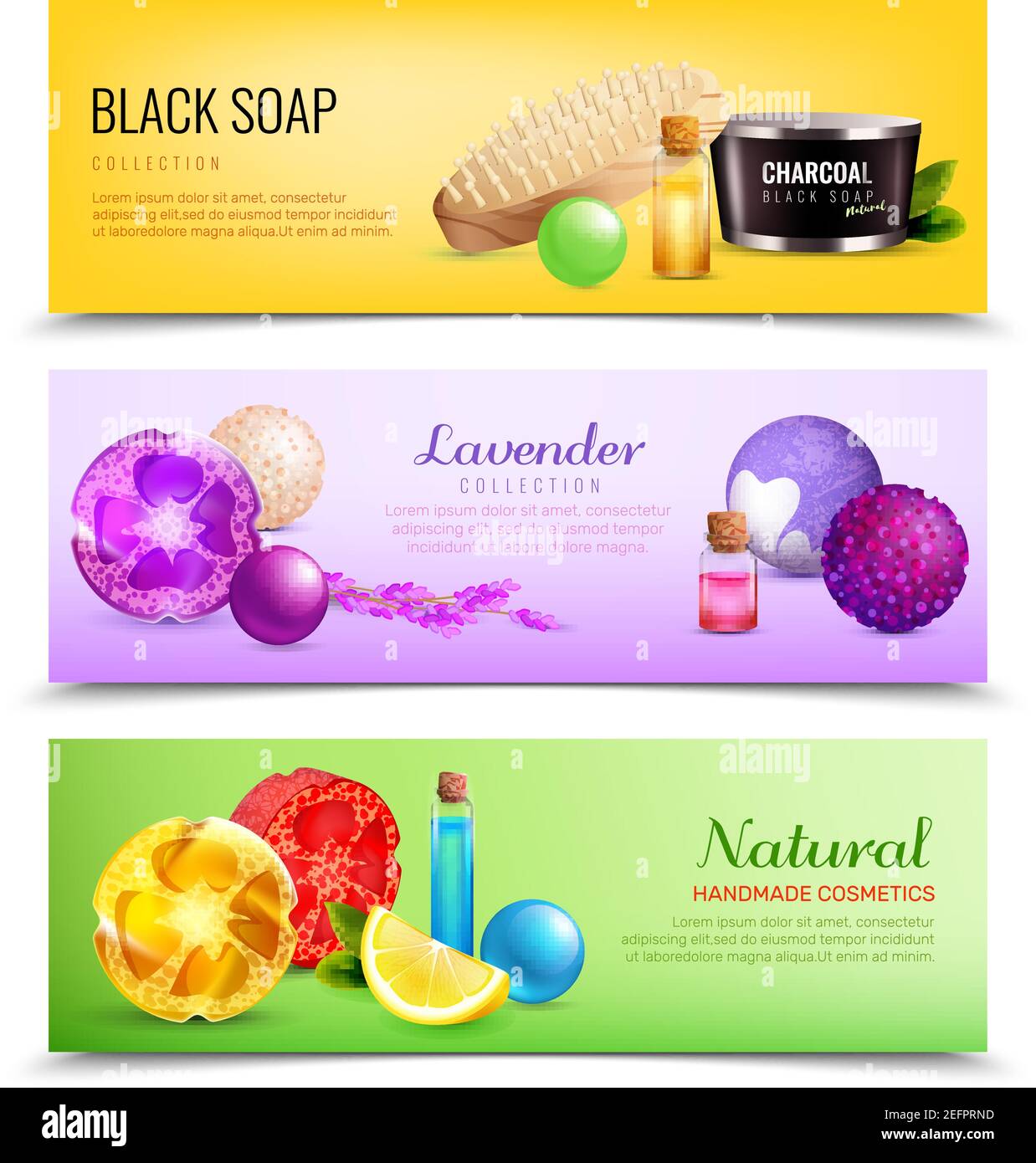 Bath handmade cosmetics horizontal banners set with compositions of ...