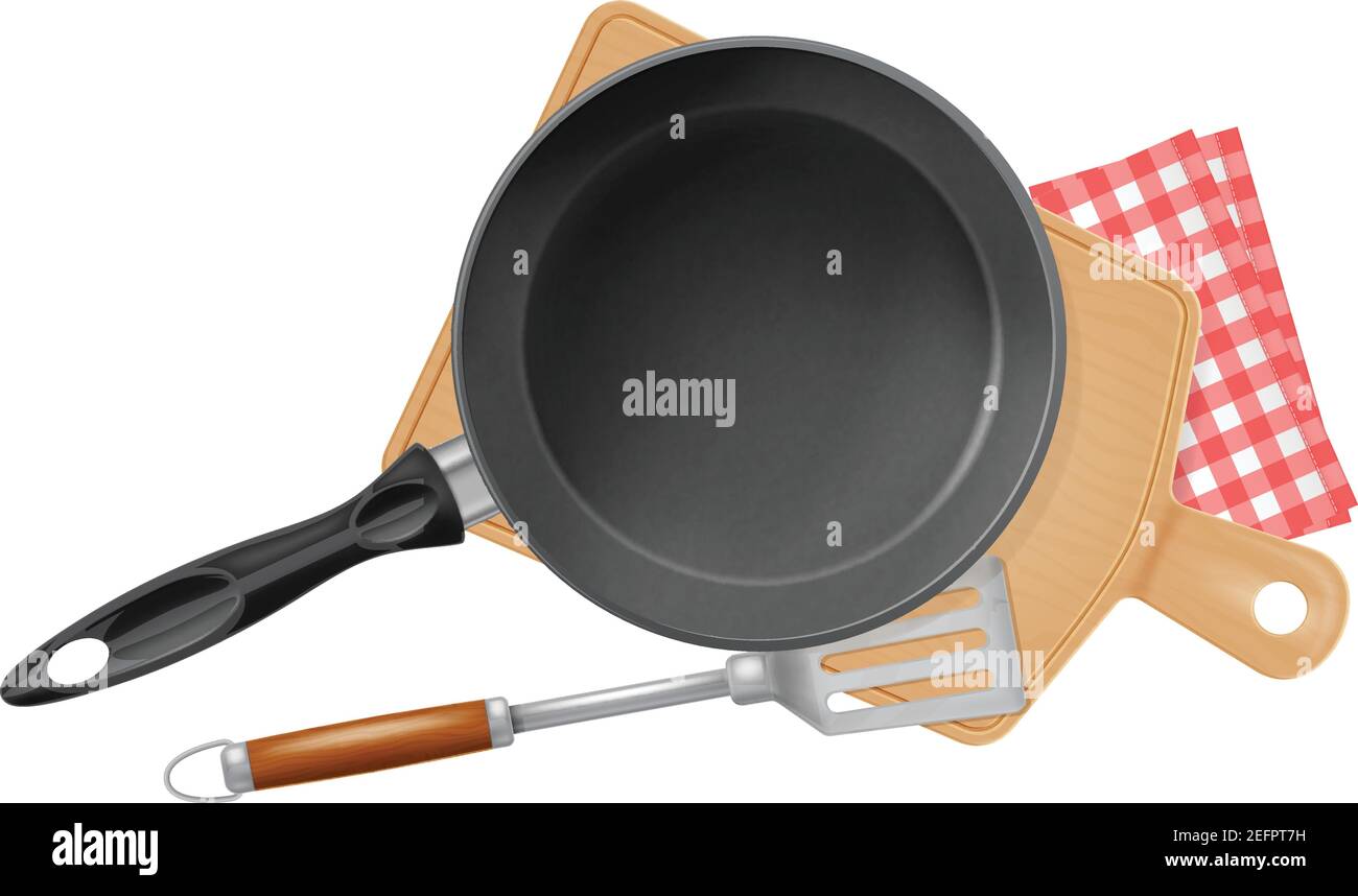 Frying pan with woodwn board and spatula. Vector illustration Stock ...
