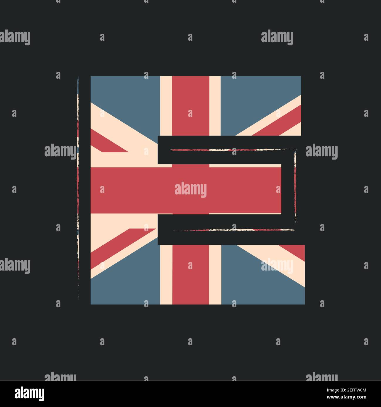 Capital 3d letter E with UK flag texture isolated on black background ...