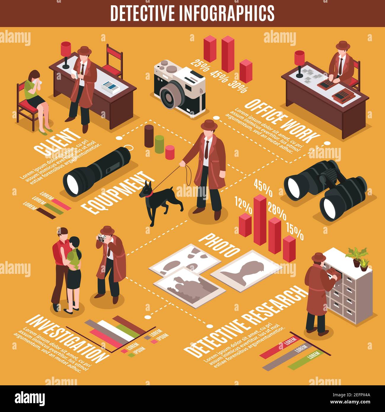 Isometric detective infographics with plainclothes man character ...