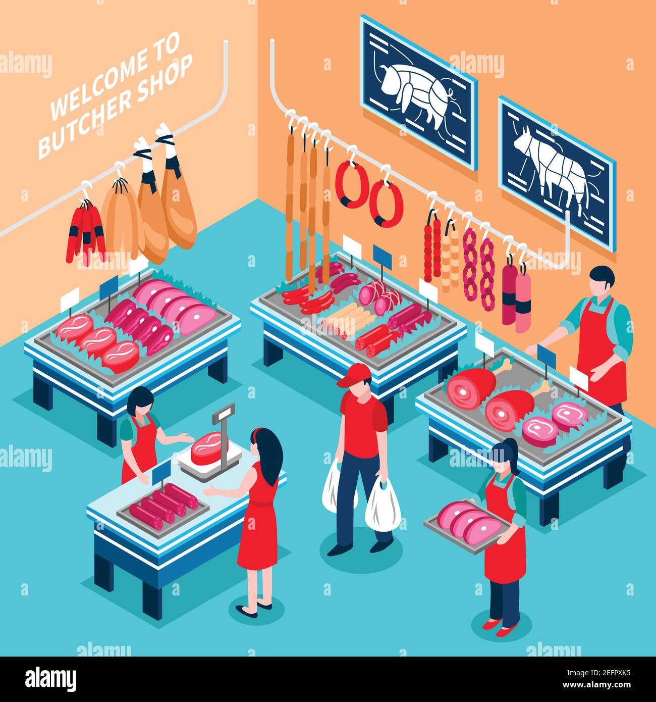 Butcher shop inside isometric design including desks with meat products ...