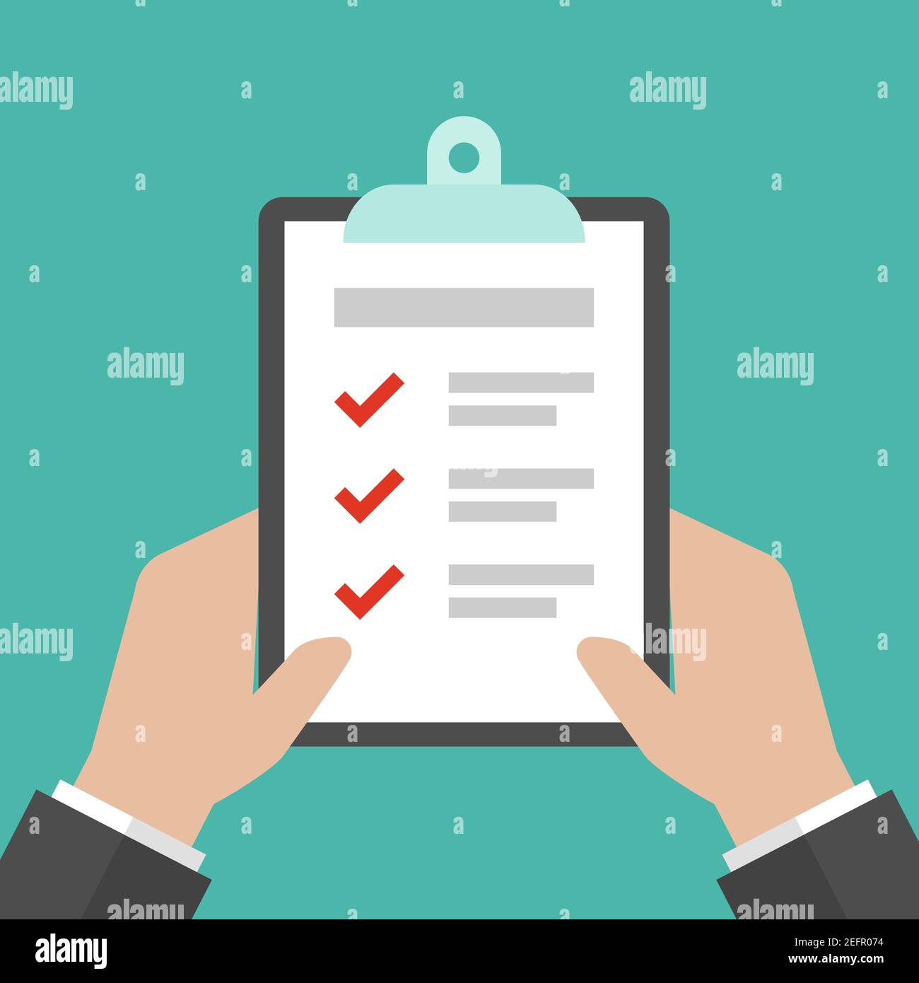 Hand of businessman holding clipboard with sheet of paper. To-do check ...