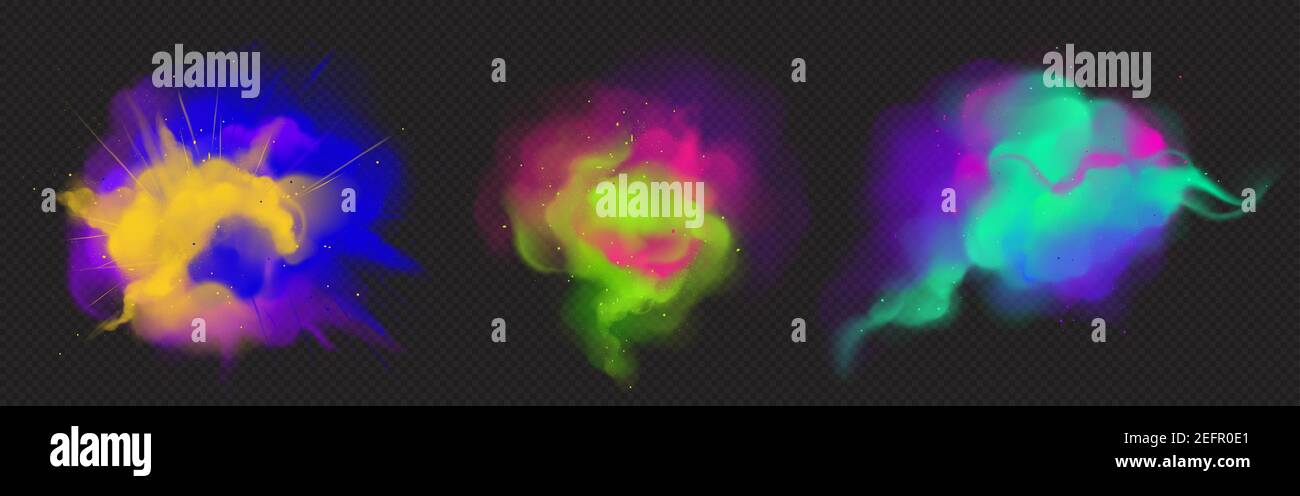 Colorful smoke flow and paint powder explosion. Vector realistic set of ...