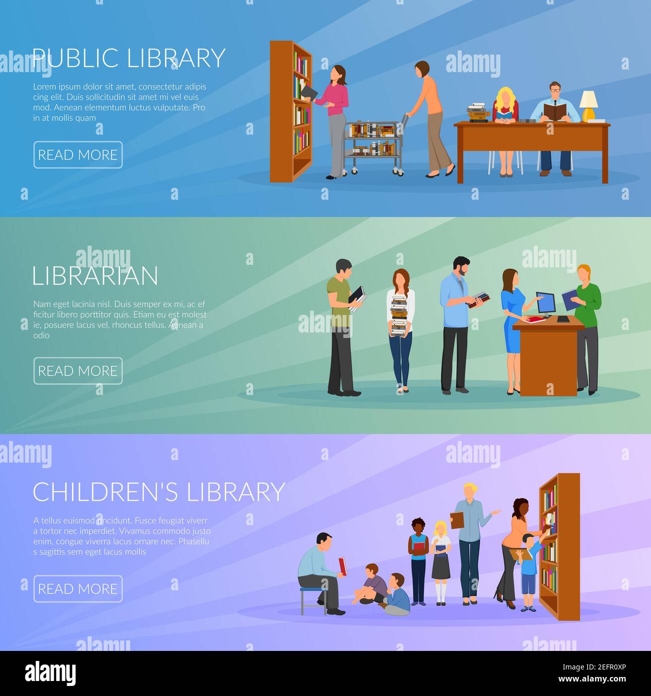 Library horizontal banners set with librarian symbols flat isolated ...