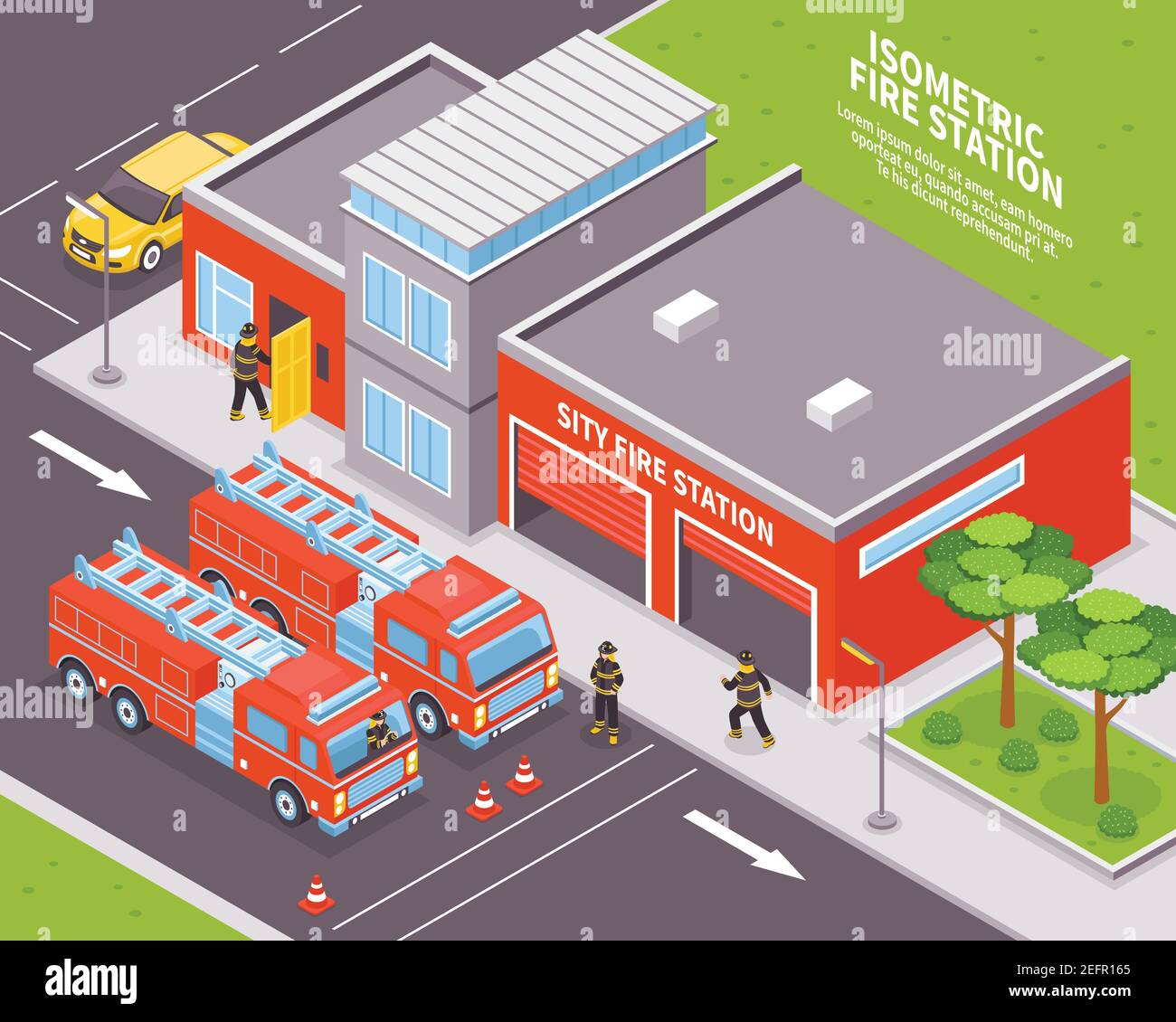 Isometric fire department station with two engines 3d vector ...