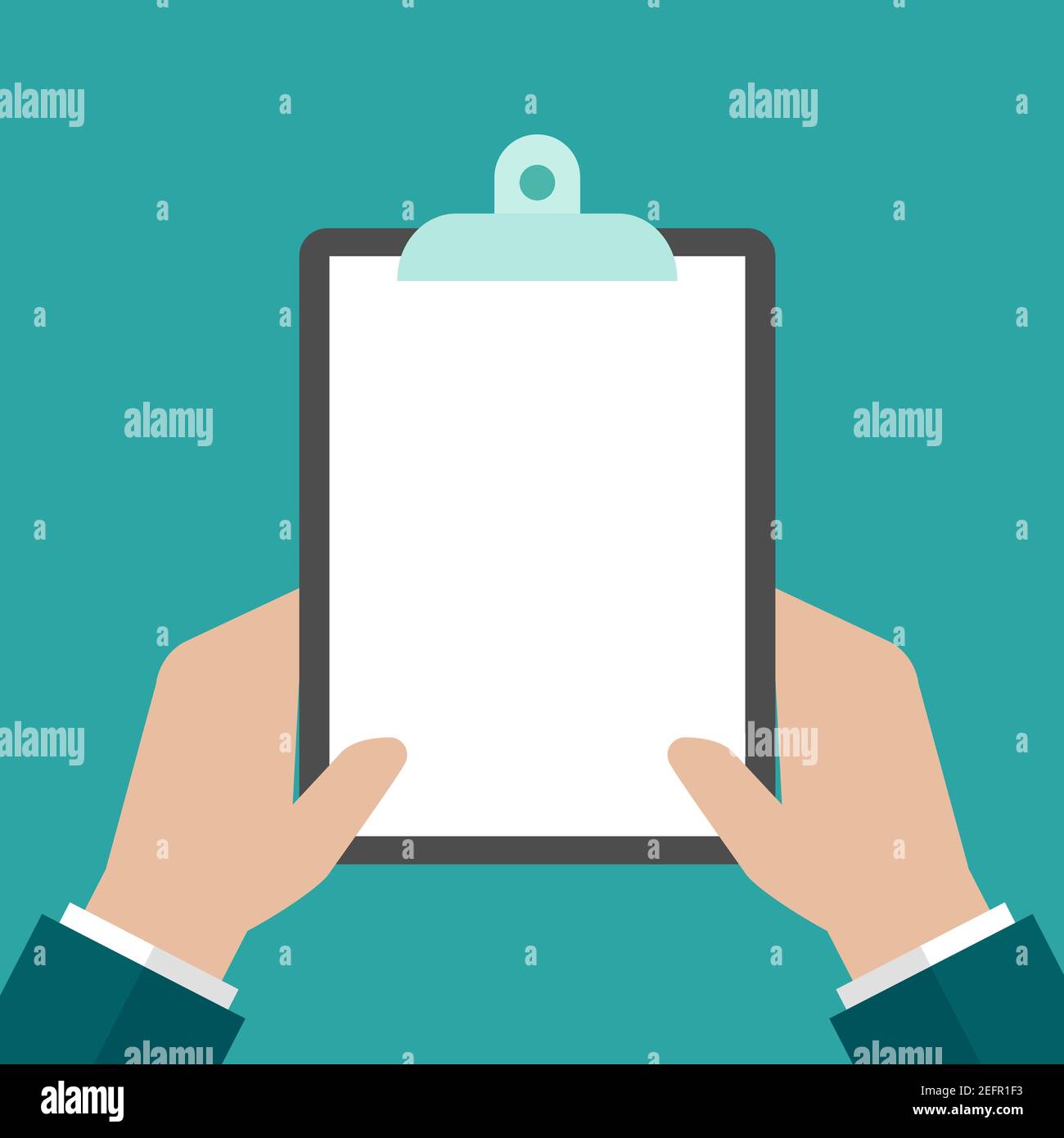 Hand of businessman holding clipboard with white sheet of paper. empty ...