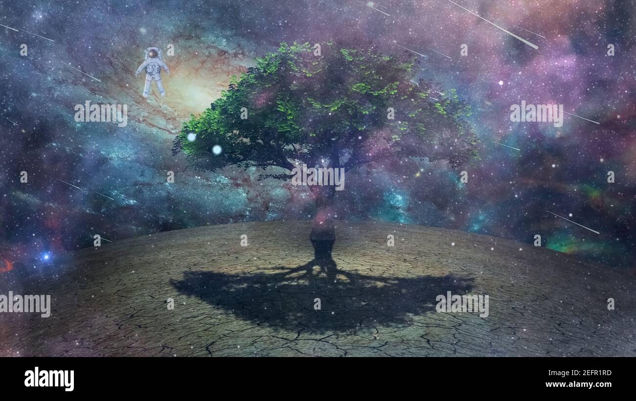 Astronaut hovers above strange planet. Tree in desolate landscape. Sci ...
