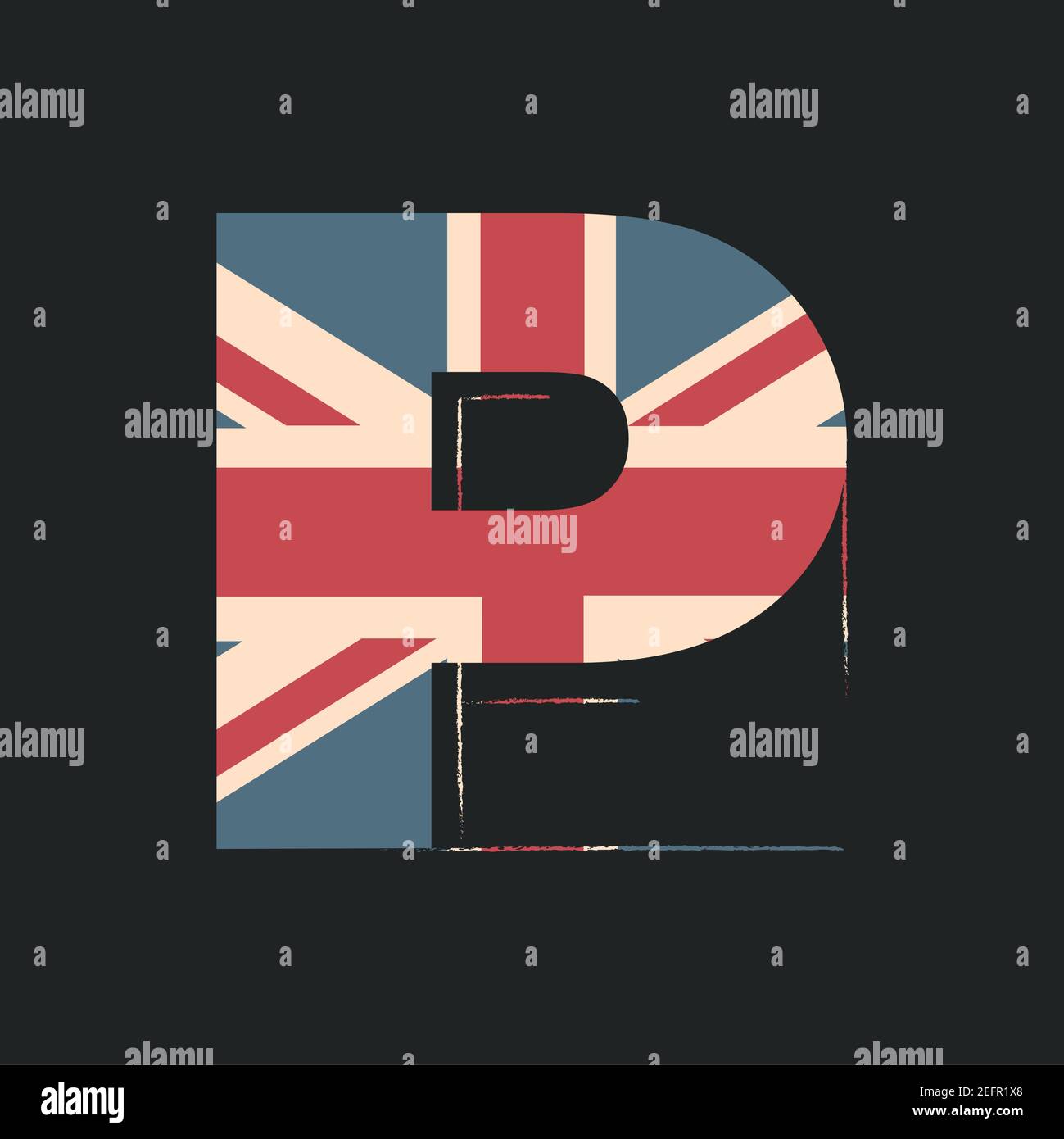 Capital 3d letter P with UK flag texture isolated on black background ...