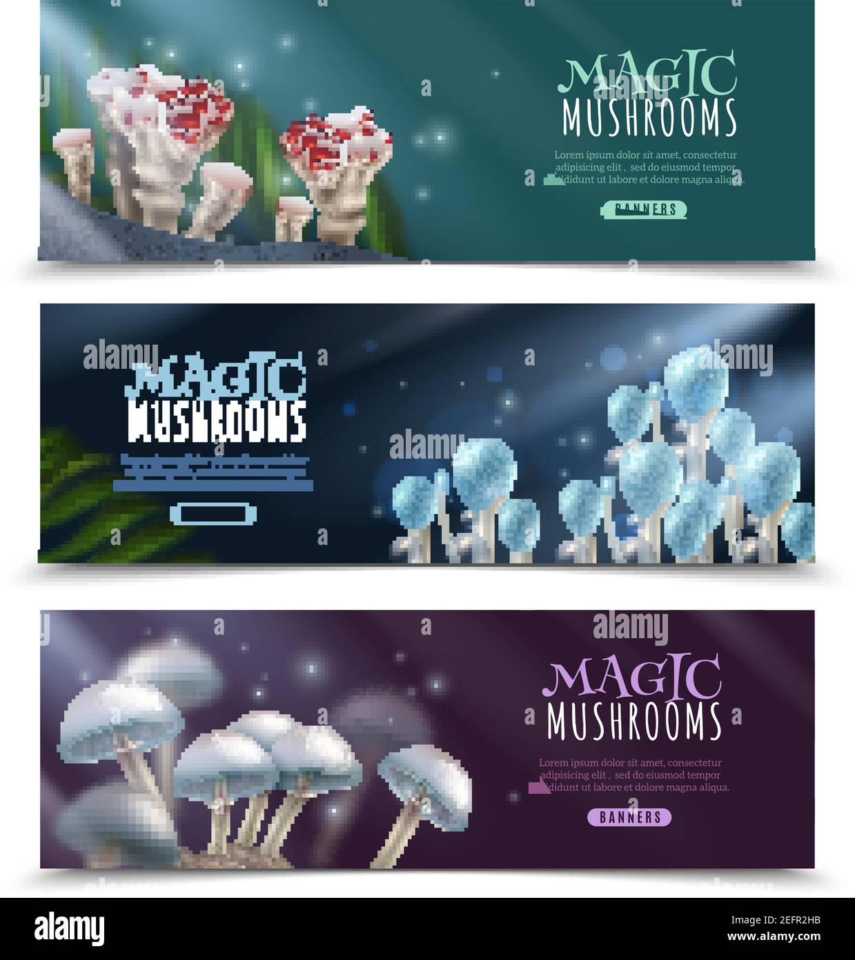 Set of horizontal banners with shiny magic mushrooms and sparks on dark ...