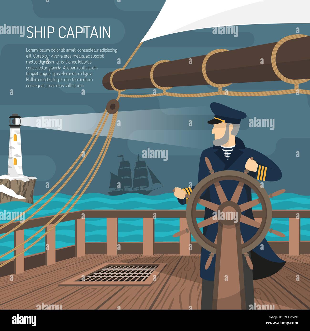 Sailing ship captain at wheel steering at night with beacon light on ...