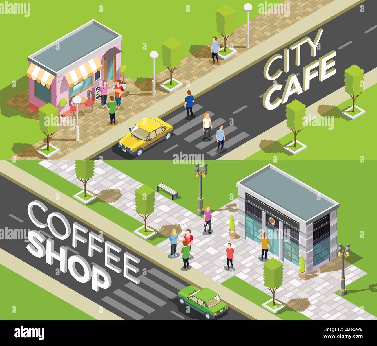 Set of two horizontal cafe isometric banners with urban scenery and ...