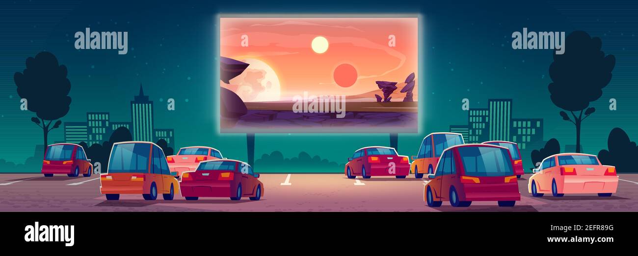 Outdoor cinema, drive-in movie theater with cars on open air parking ...