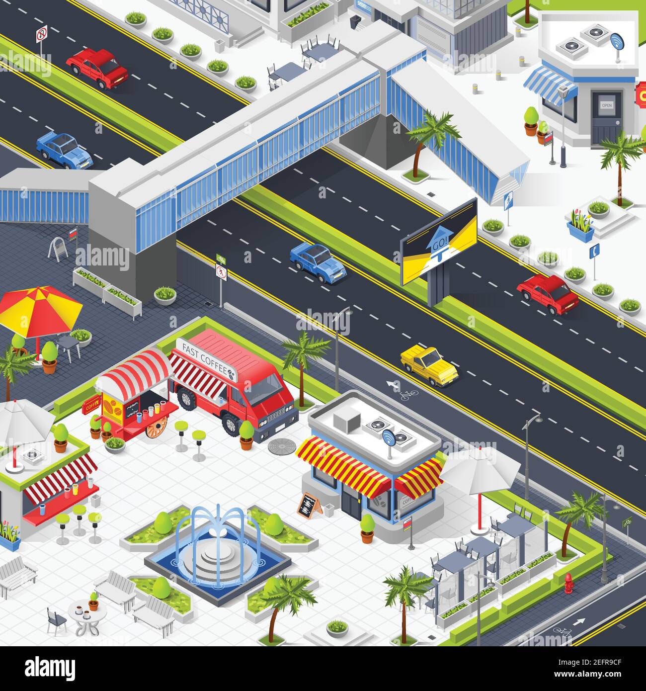 Street cafe in town square isometric composition with fountain outdoor ...