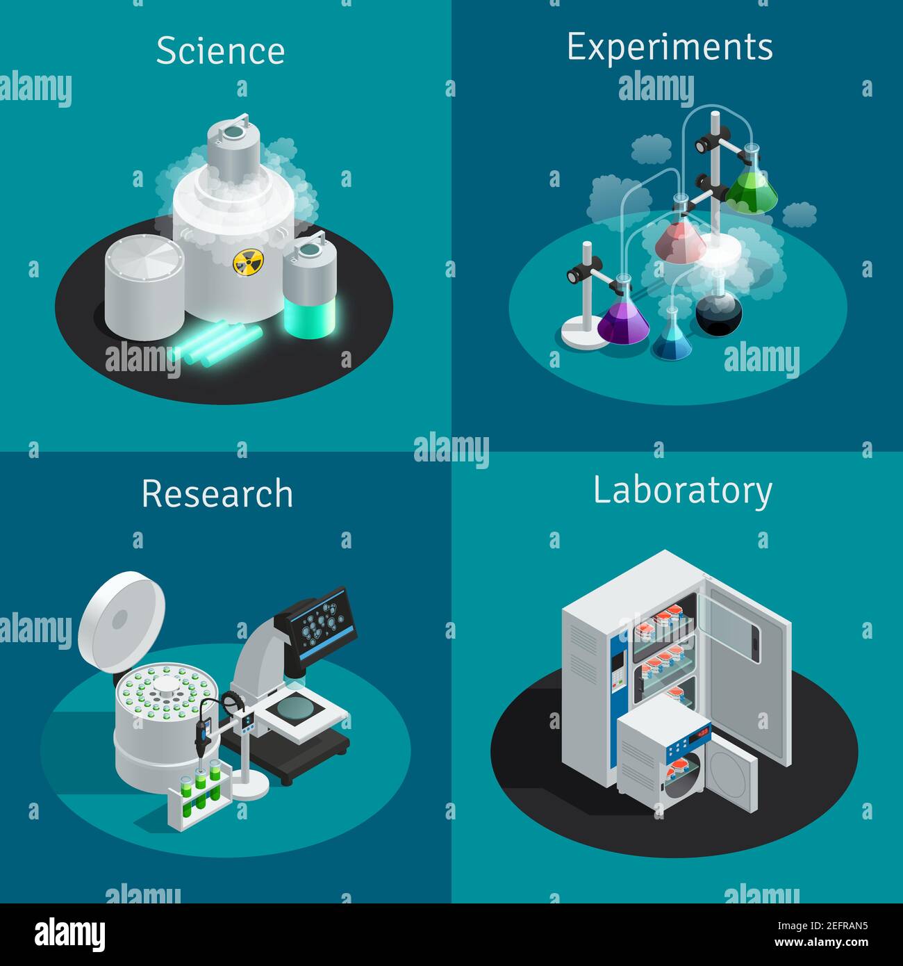 Scientific laboratory 2x2 isometric design concept with substance for ...