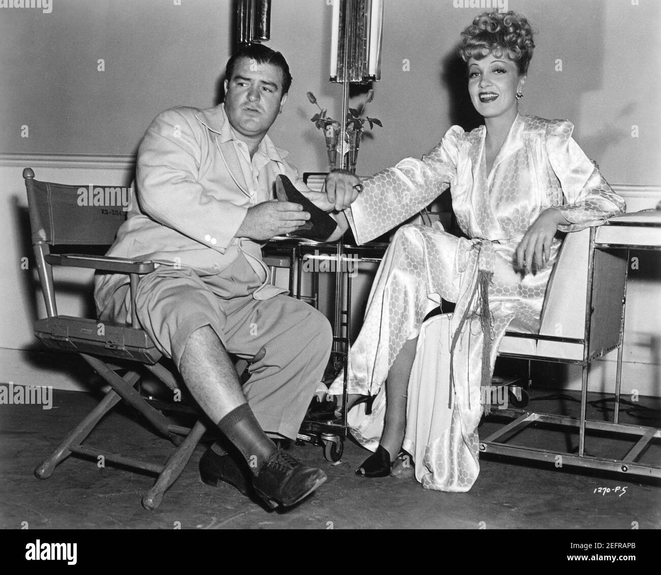 Set Visitor LOU COSTELLO with MARLENE DIETRICH on set candid during ...