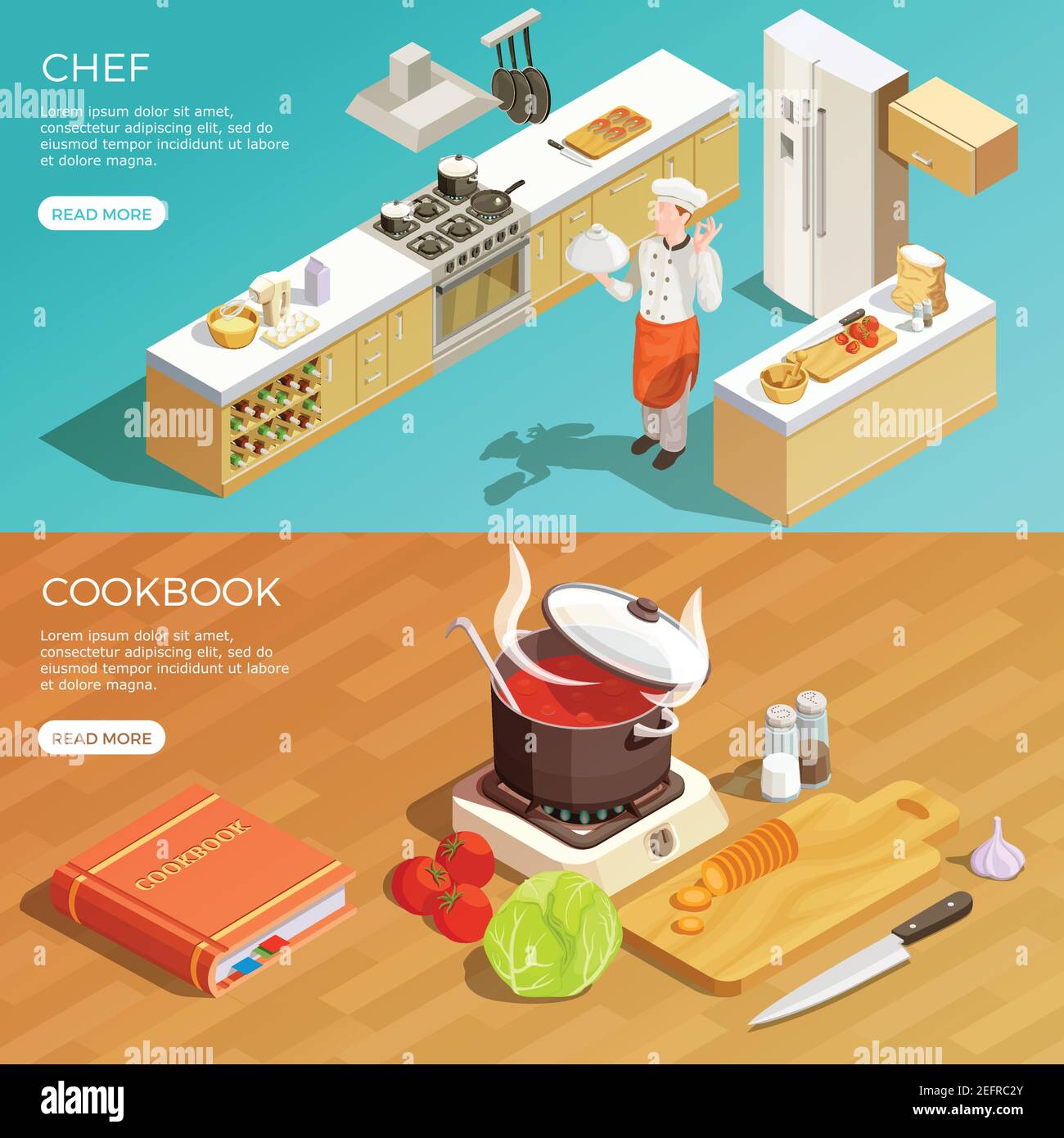 Set of horizontal cooking banners with isometric image compositions ...