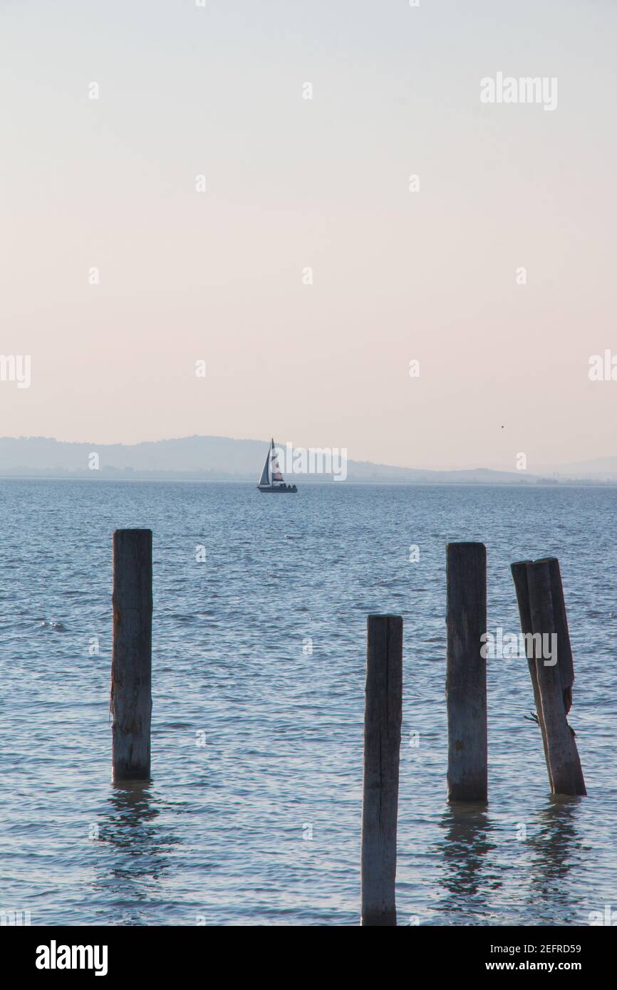 View through the wooden dock pillars standing in water to the sea ...
