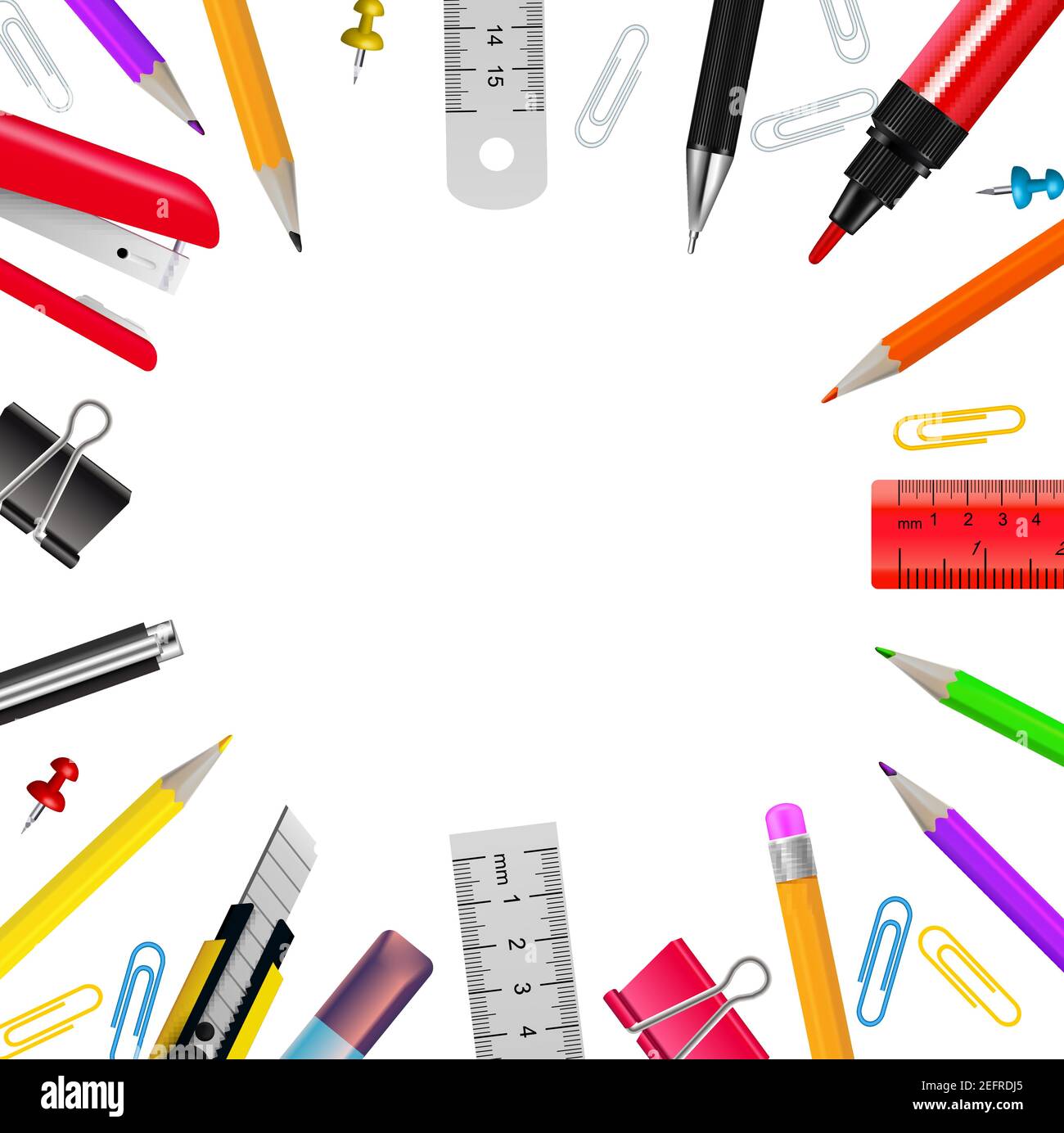 Realistic frame with various stationery objects on white background ...