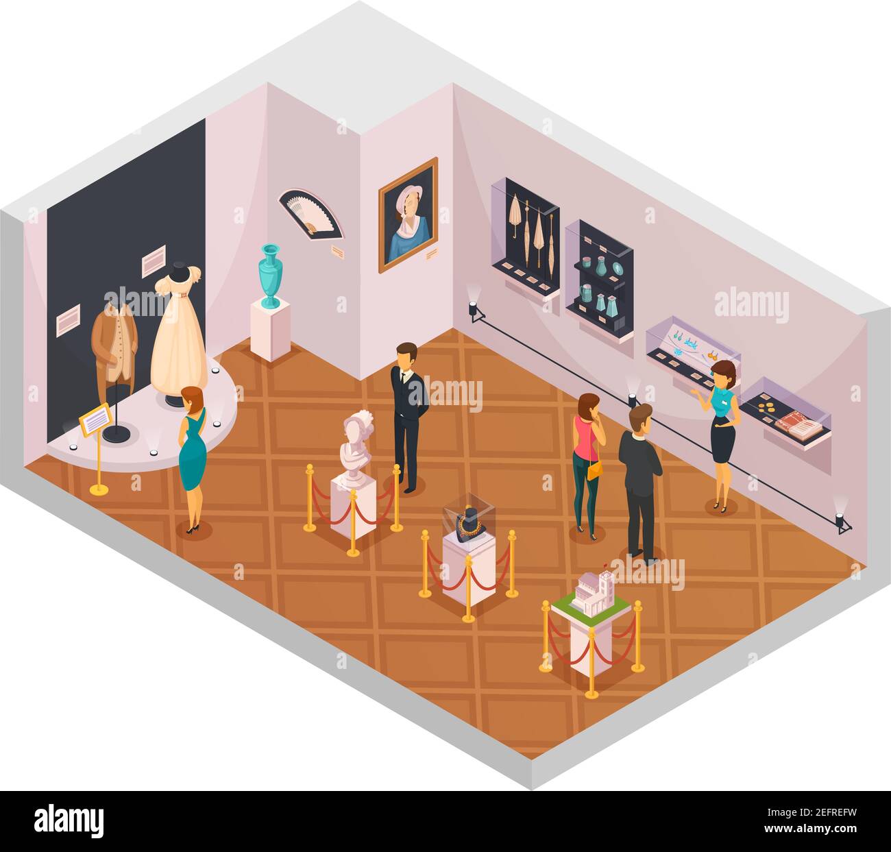People in museum hall isometric composition with guide and visitors ...