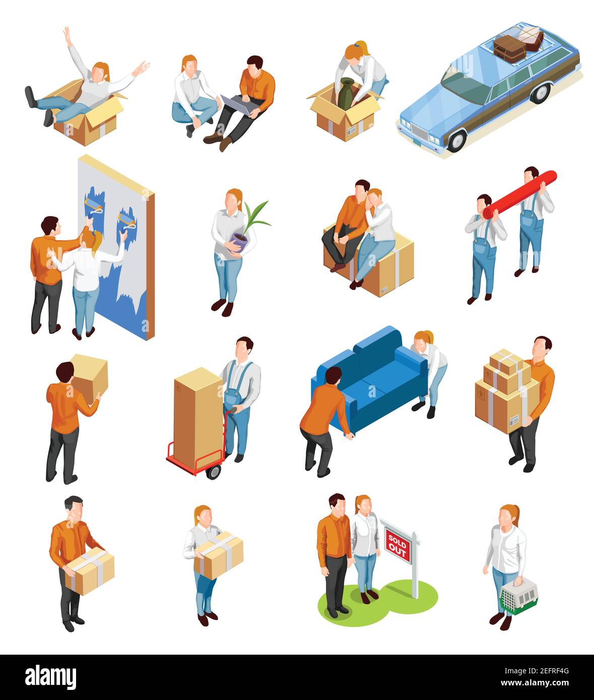 Moving people isometric collection of isolated human characters goods ...