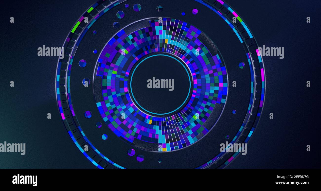 Futuristic dark metallic disk background with blue, red and purple ...