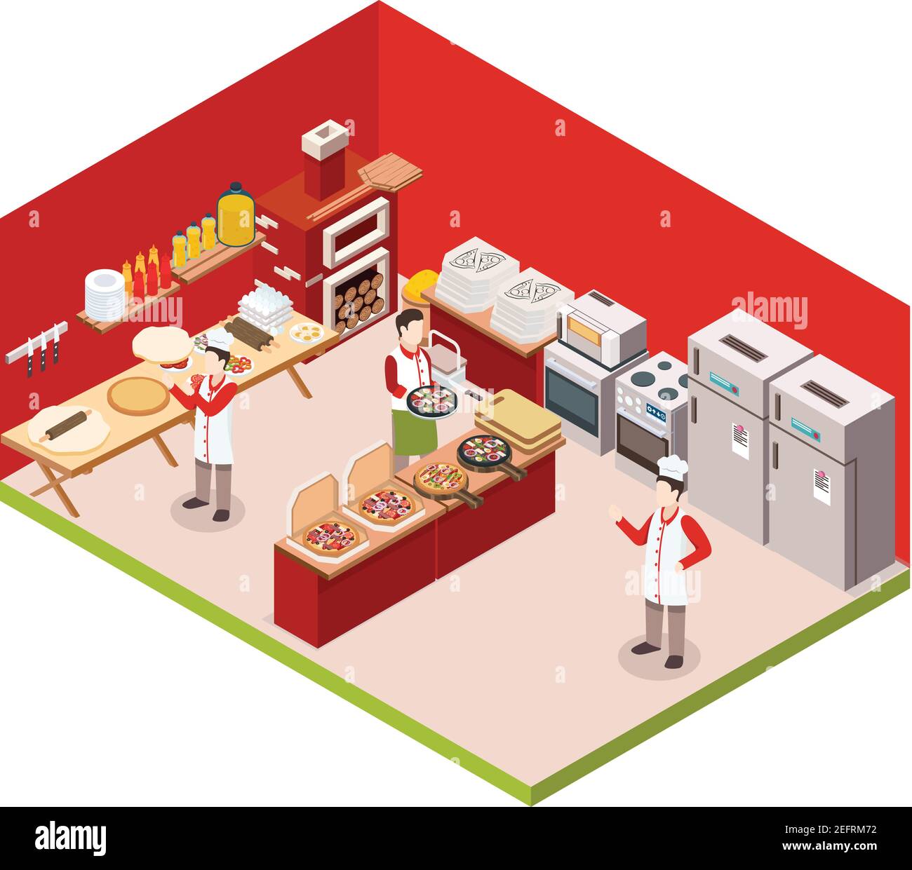 Isometric pizzeria colored background with employees work at the ...
