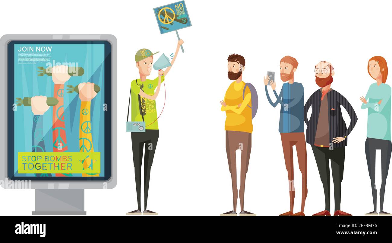 Anti war propaganda design concept with young man holding placard and ...