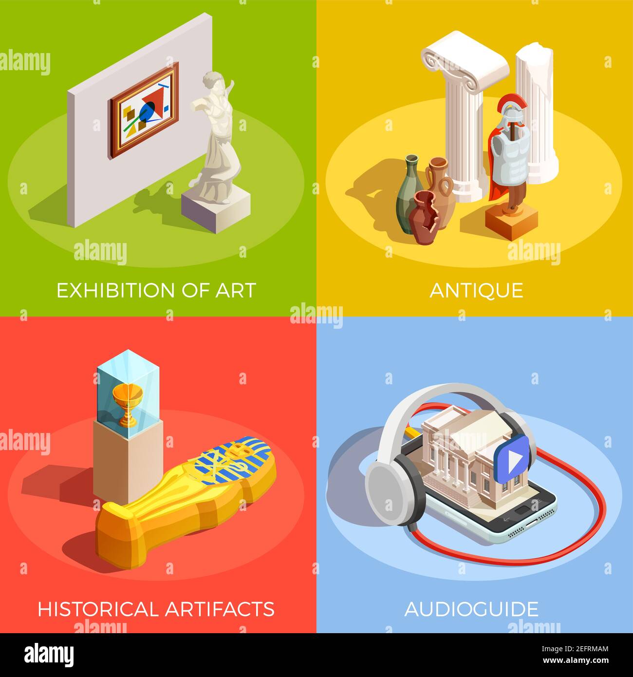 Museum isometric design concept with colorful compositions of ...
