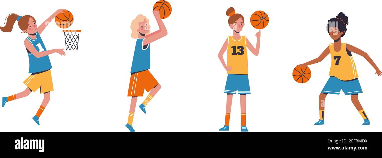 Vector set with cute girls who play basketball. Childrens sports ...