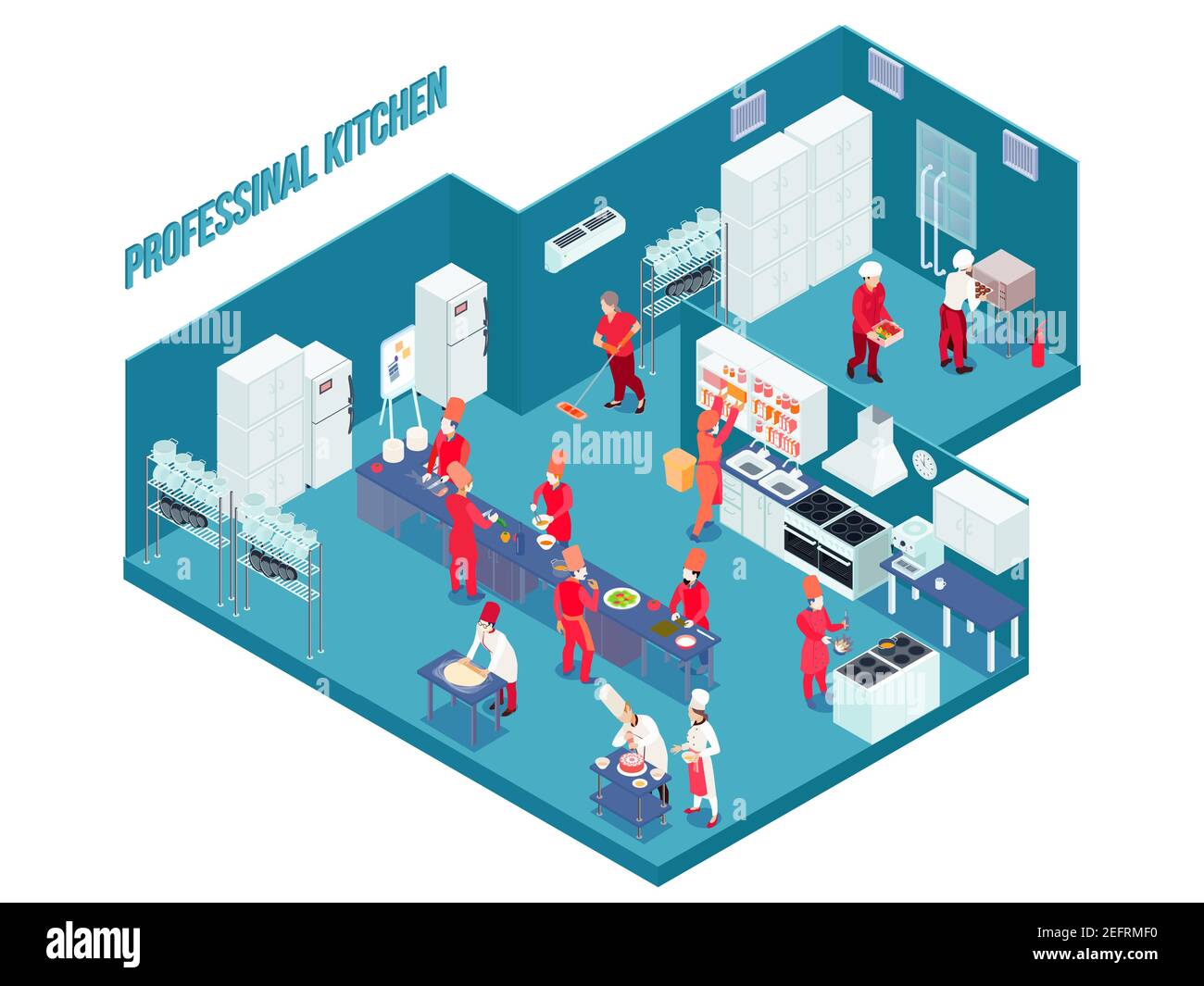 Professional kitchen in blue color with white grey furniture, equipment ...