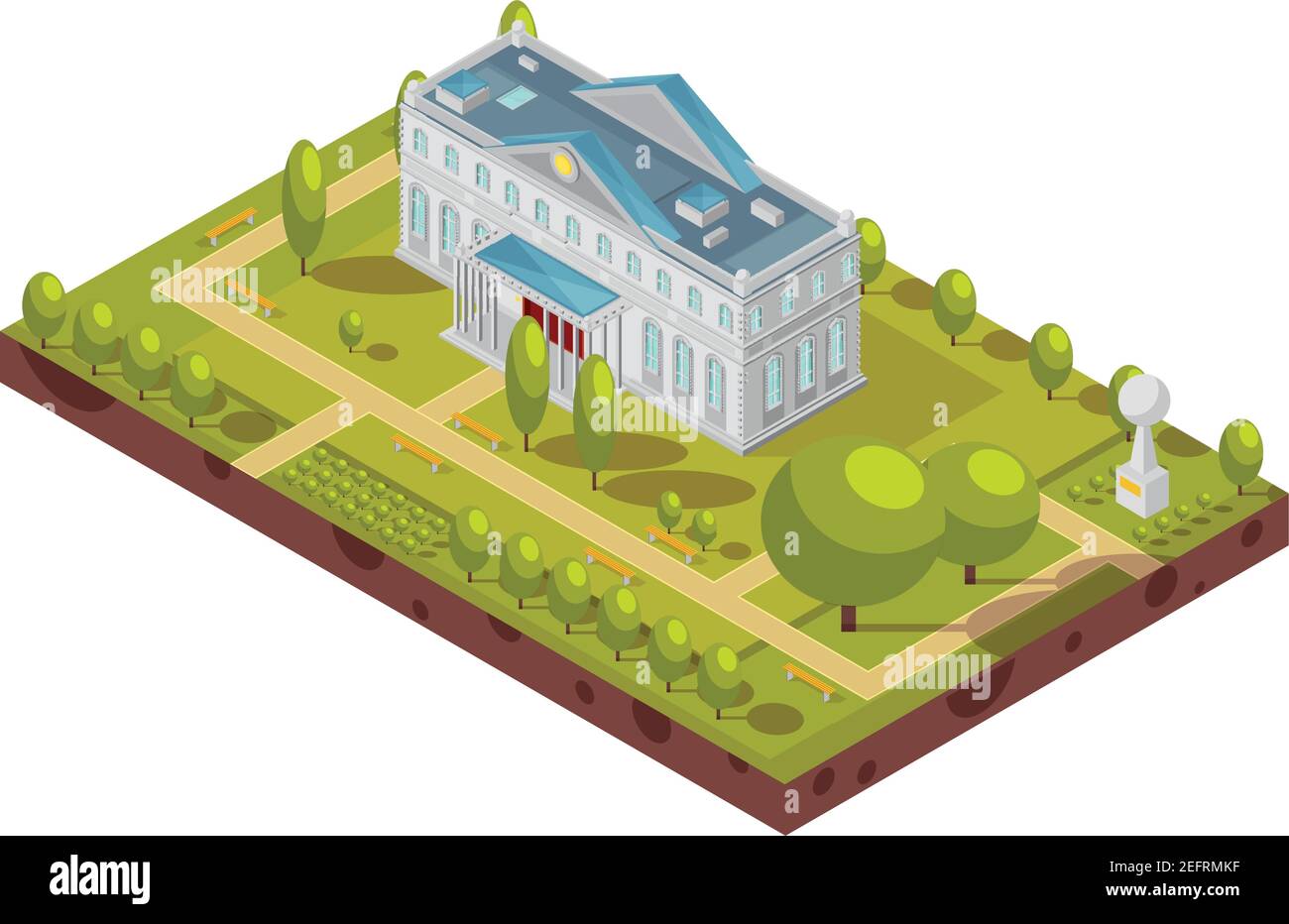 Isometric layout of historic university building with monument walkways ...