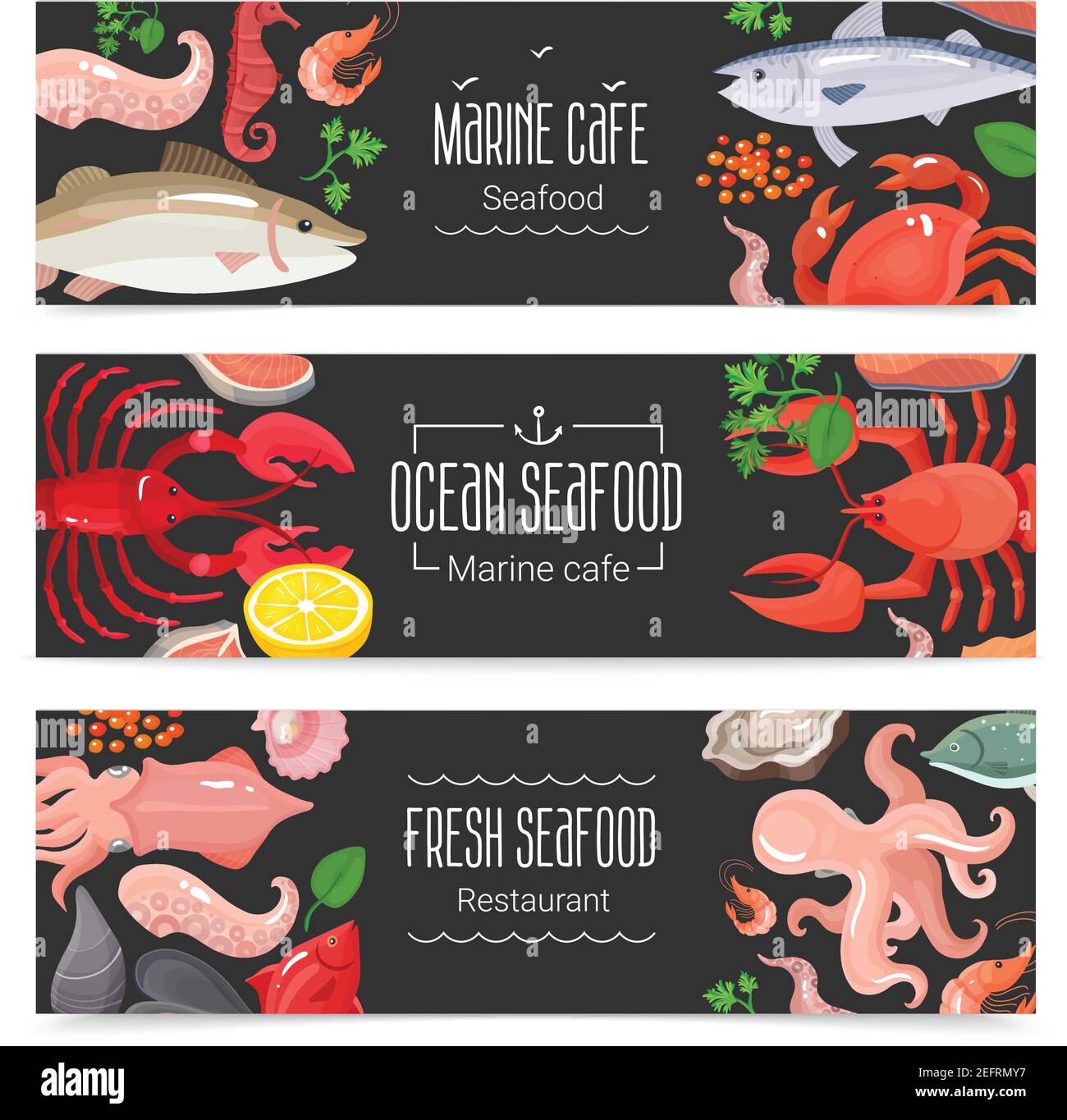 Fresh ocean seafood marine cafe 3 horizontal blackboard banners ...