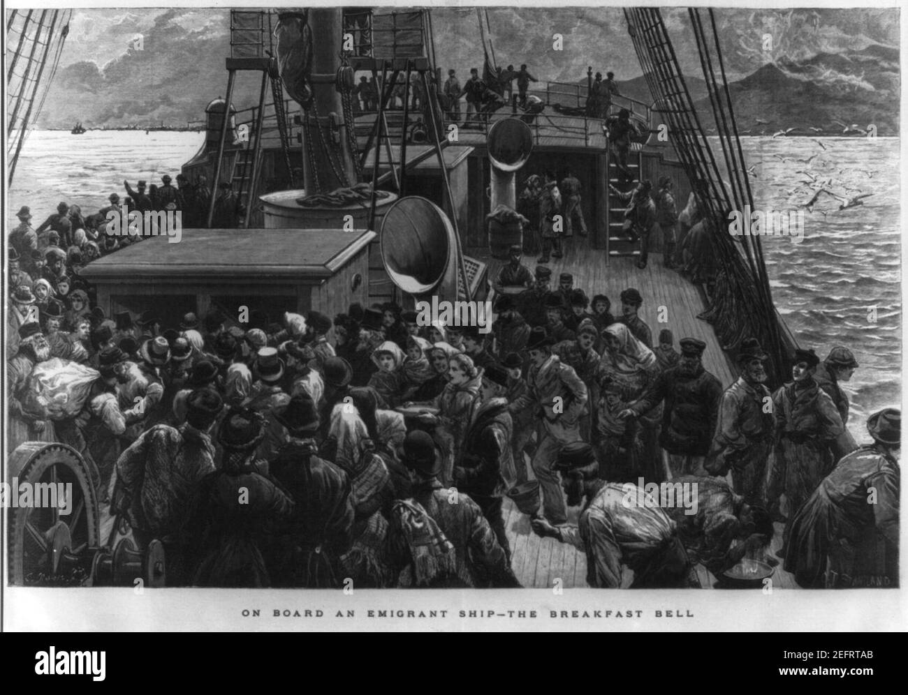 On board an emigrant ship - the breakfast bell immigrants on ship deck ...