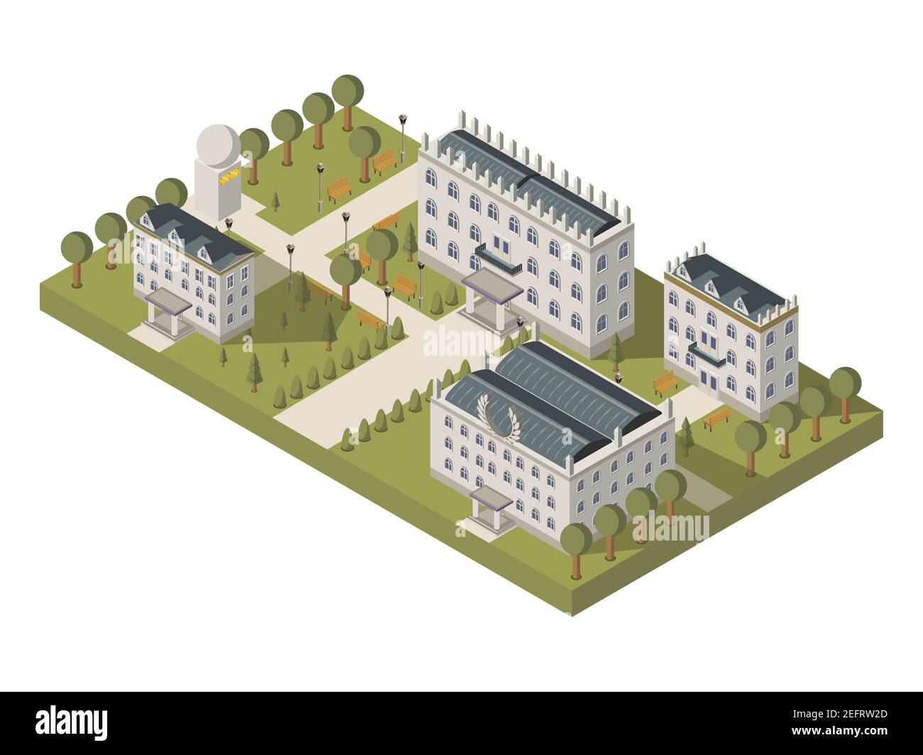 Isometric university concept with university buildings lawns and park ...