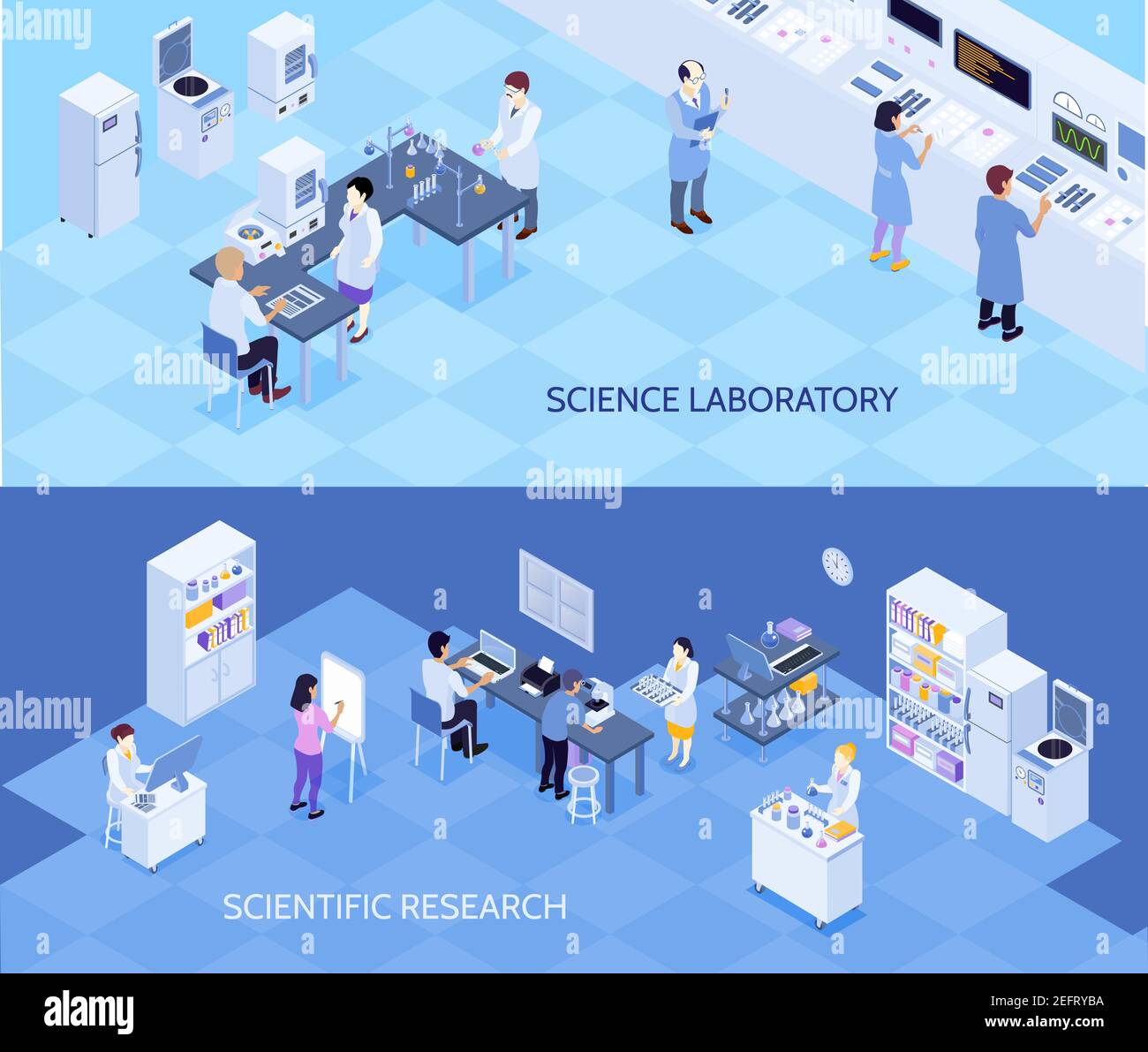Science laboratory horizontal isometric banners with people carrying ...