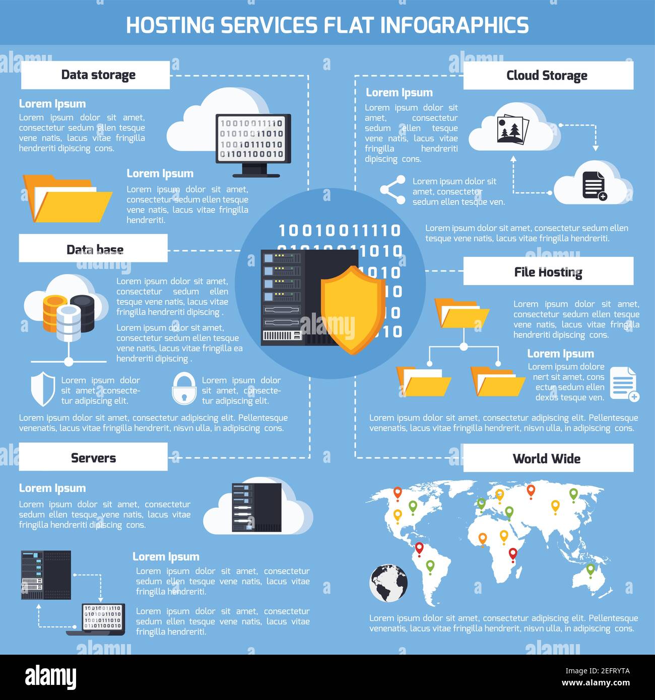 Hosting services infographic set with data and cloud storage symbols ...