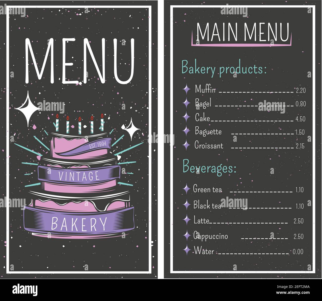 Bakery menu with flour products and beverages on black background with ...