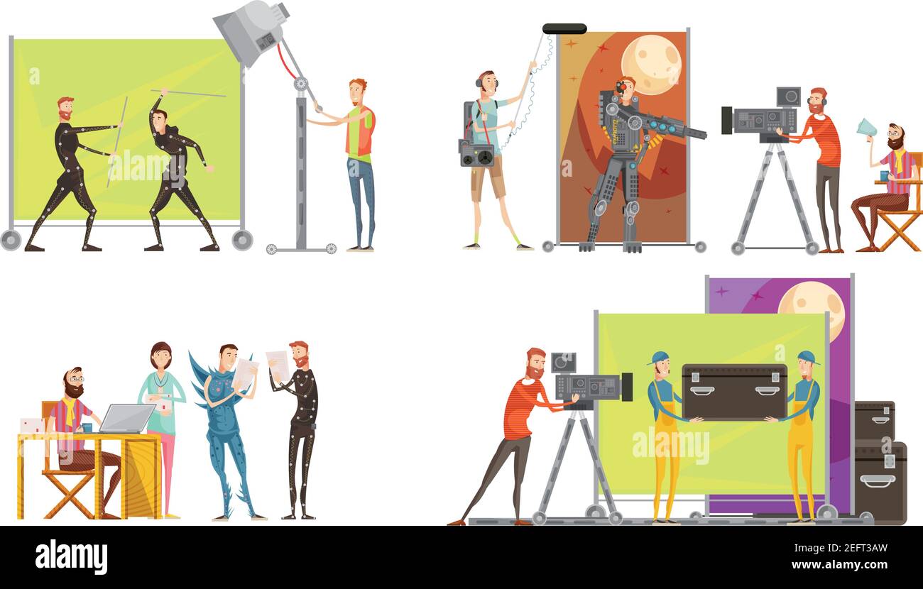 Movie making concept with director actors at film set cameraman and ...