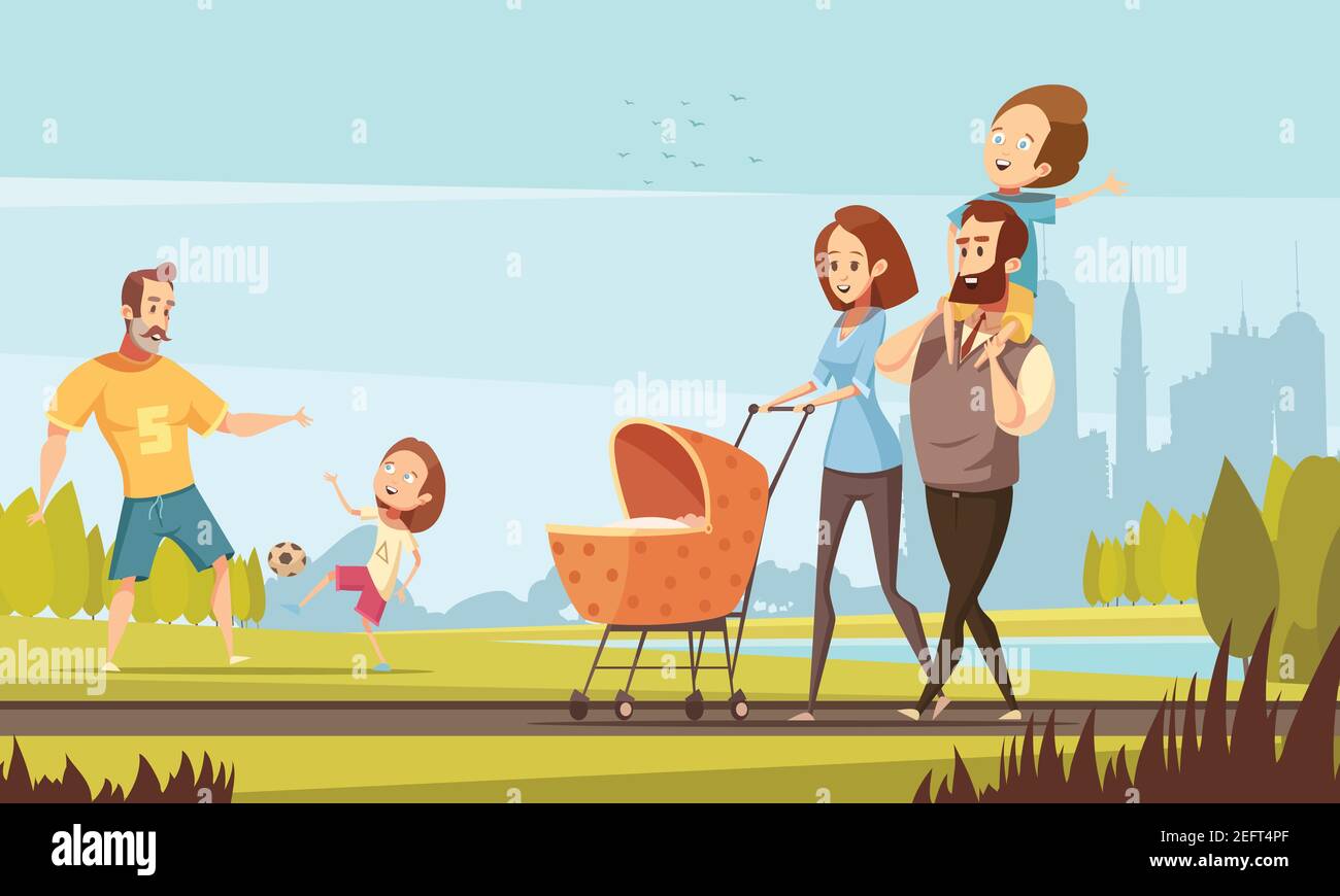Young family with toddler and baby walking in park outdoor with ...