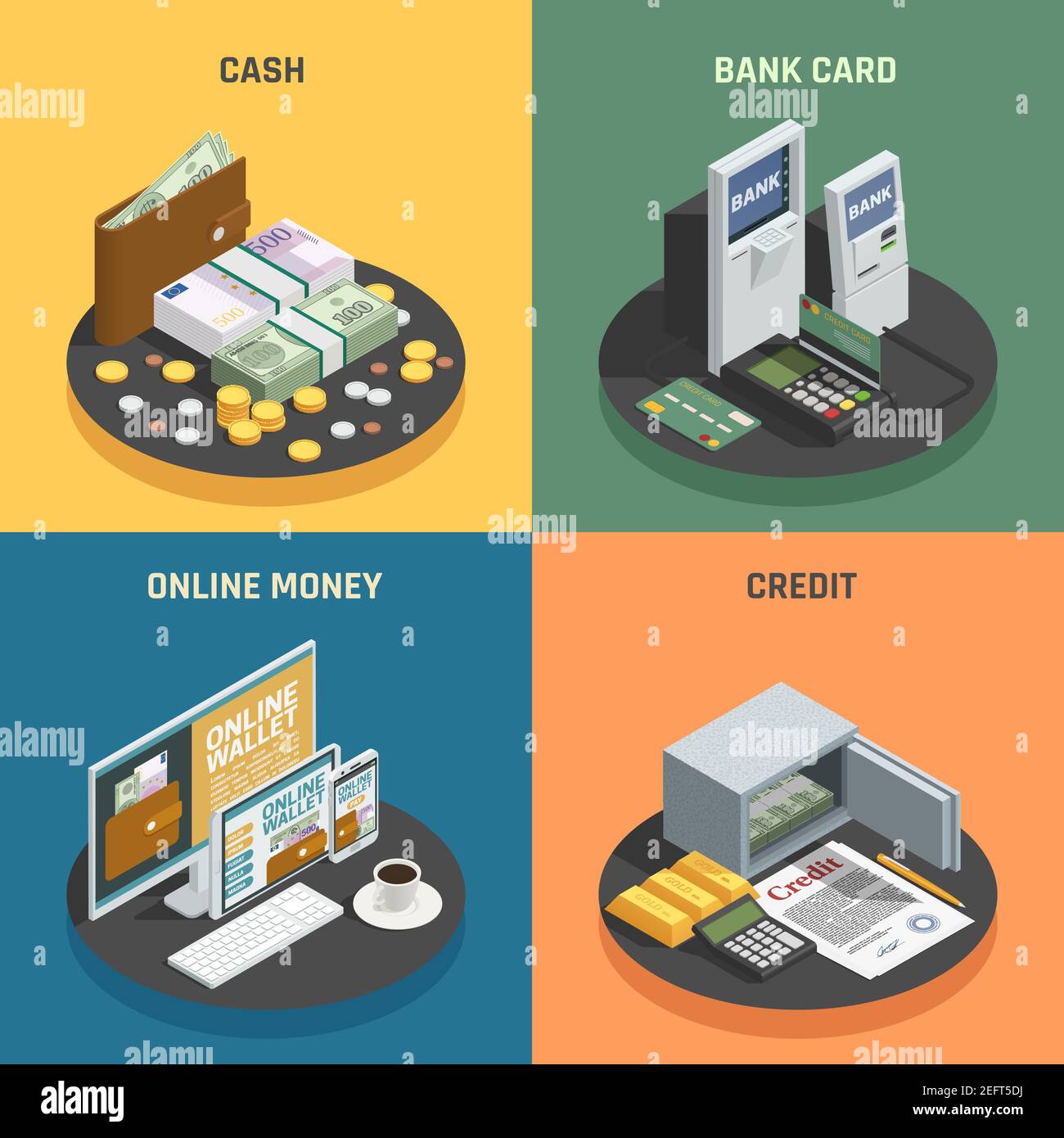 Payment methods 4 isometric icons square with cash credit bank cards ...