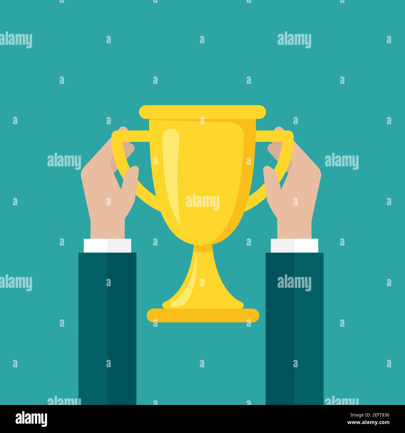 Hands with gold trophy, winning cup isolated on blue background. First ...