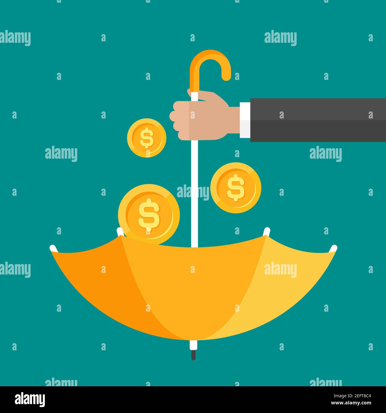 businessman's hand holding gold umbrella and catching gold dollar coins ...