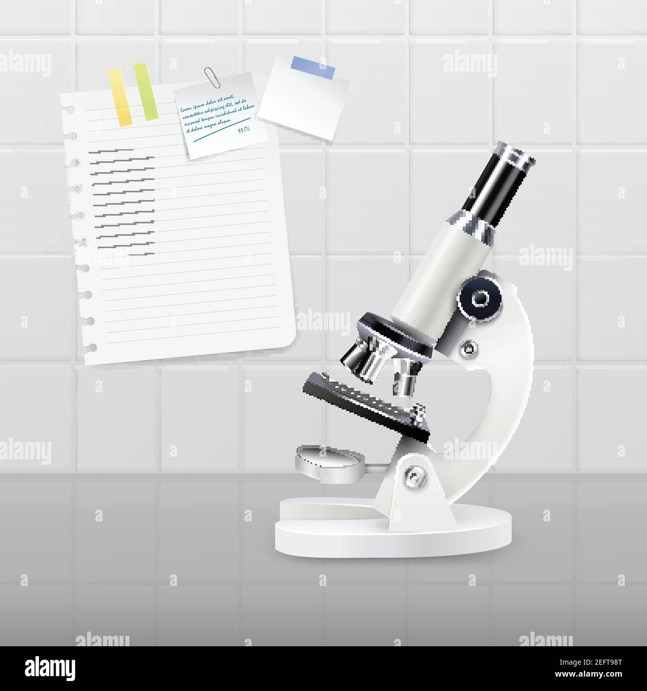 Colored realistic microscope composition white microscope stands on the ...