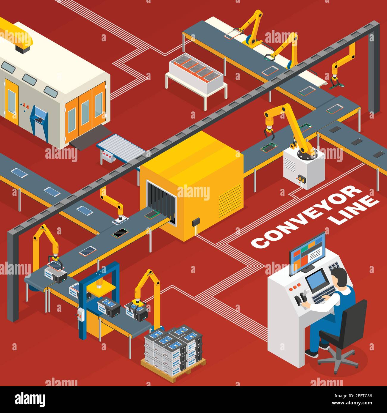 Conveyor line and operator isometric concept with machinery symbols on ...