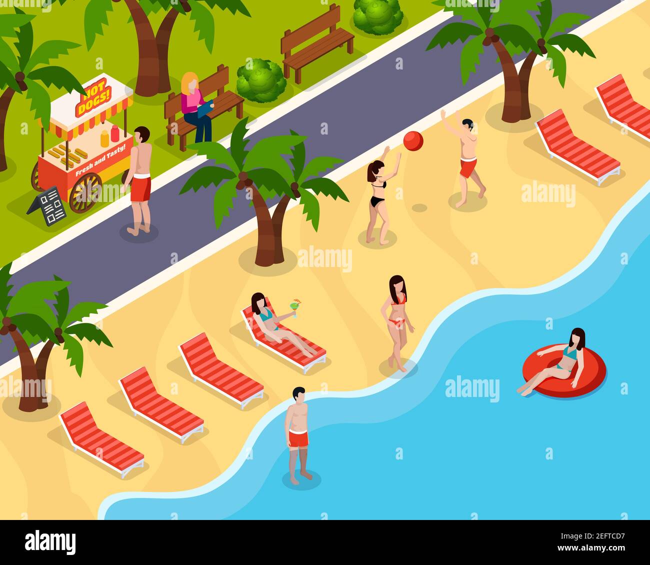 Colored beach rest isometric composition with holidaymakers swim and ...