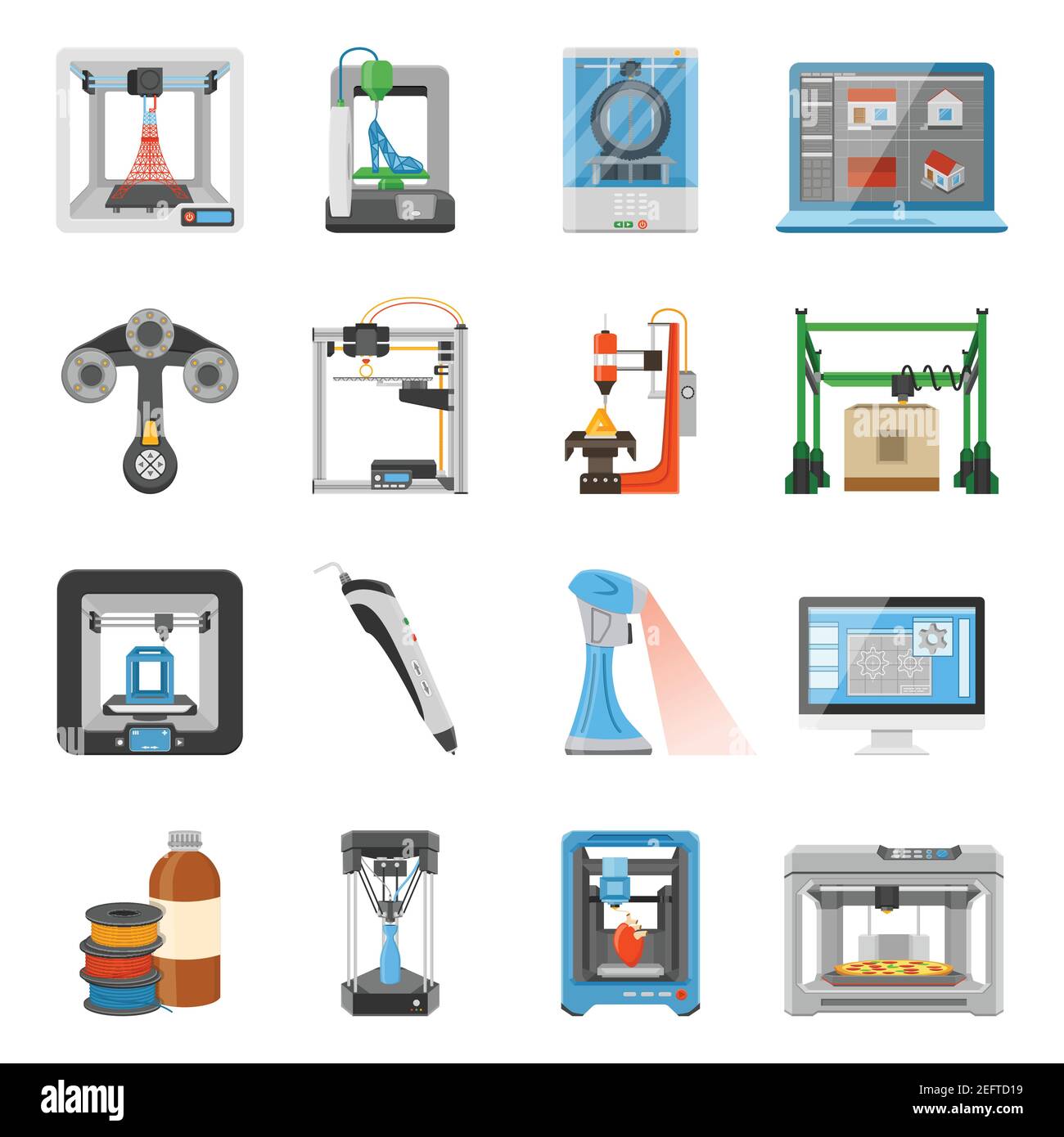 3D printing icons set of monitor with software on screen details and consumables for scanners ...