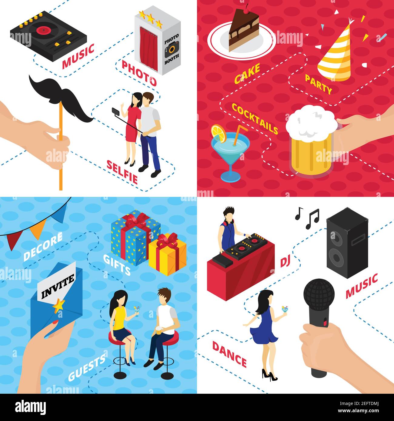Party isometric design concept with decorations gift boxes character ...